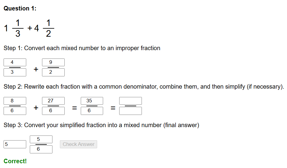 Adding and subtracting mixed number fractions