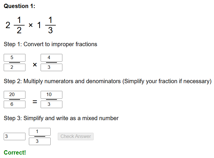 Multiplying mixed number fractions